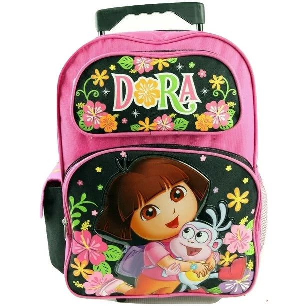 Dora the Explorer Backpack Large Rolling 16 inch Pink Black Flowers ...